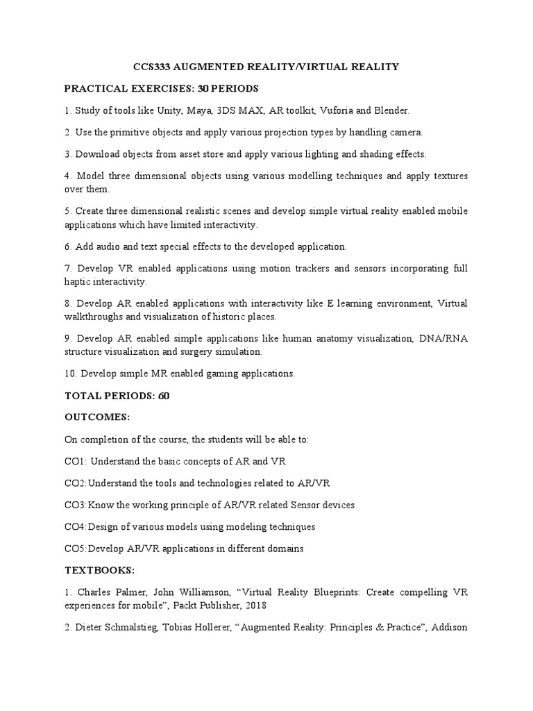 Ccs333 Augmented Reality/Virtual Reality Practical Exercises: 30 ...