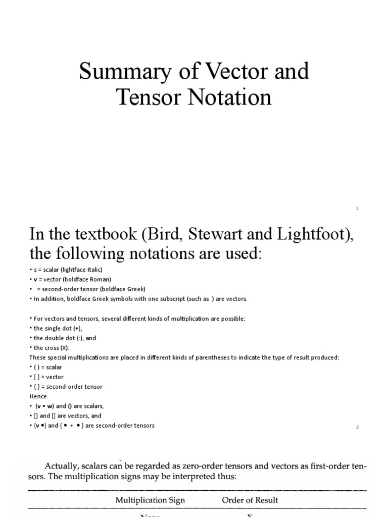 Summary Of Vector And Tensor Notation Pdf