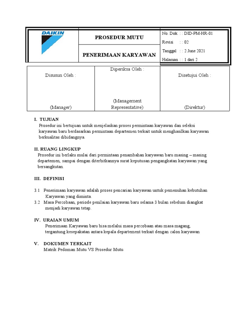 Prosedur Penerimaan Karyawan Baru - Rev 2023 | PDF