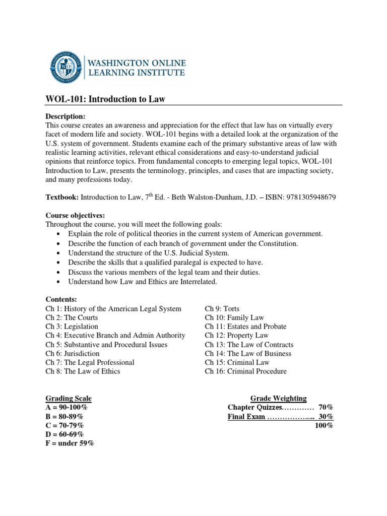 WOL-101: Intro to Law Course Overview | PDF