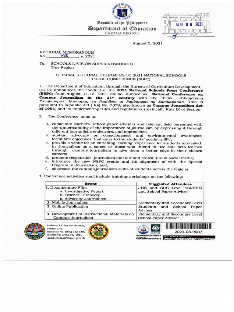 R13 - RM - 2021 - 585 08.05 (08.06) Participation of Caraga Region To The 2021 National Schools ...