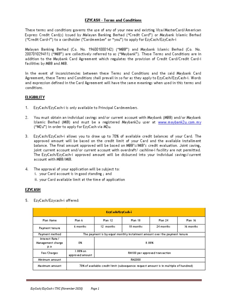 EzyCash TNC | PDF | Credit Card | Transaction Account
