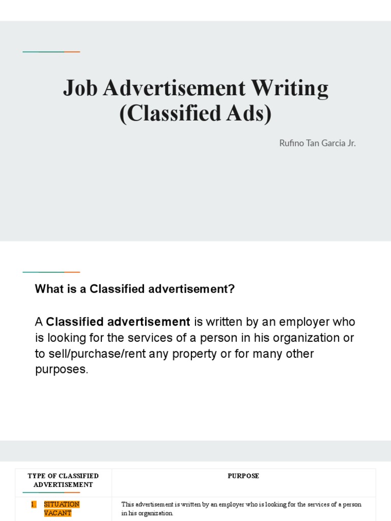 Job Advertisement Writing (Classified Ads) | PDF | Advertising ...