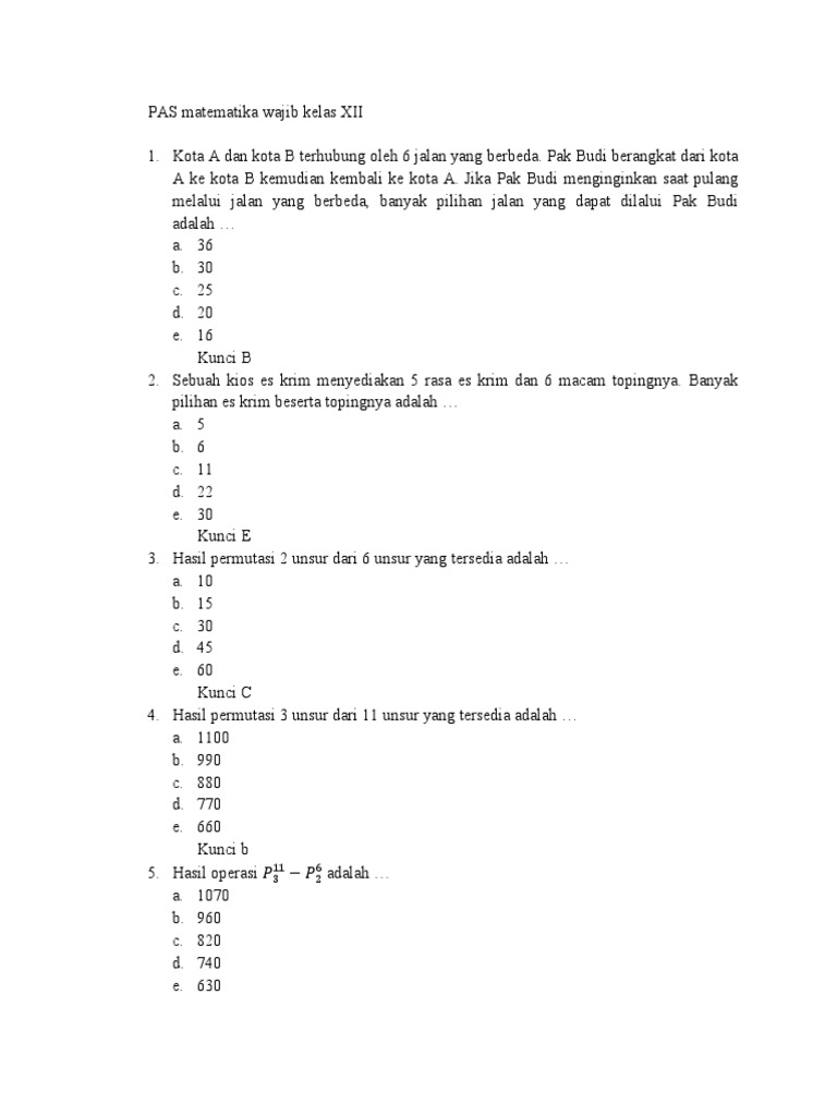 PAS Matematika Wajib Kelas XII, KISI-KISI, KUNCI PDF | PDF