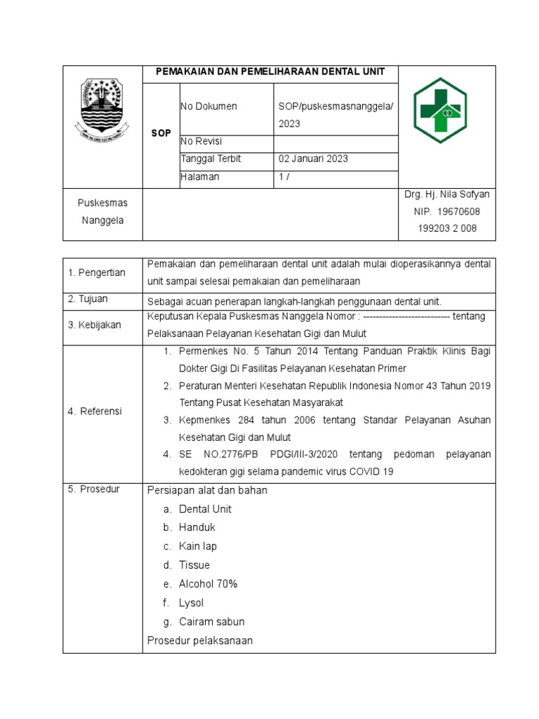 Sop Pemakaian Dan Pemeliharaan Dental Unit | PDF