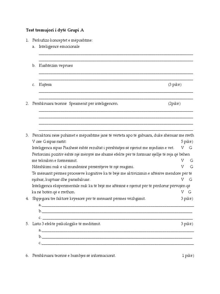 Test Tremujori II Grupi A Dhe B Psikologji 12 | PDF