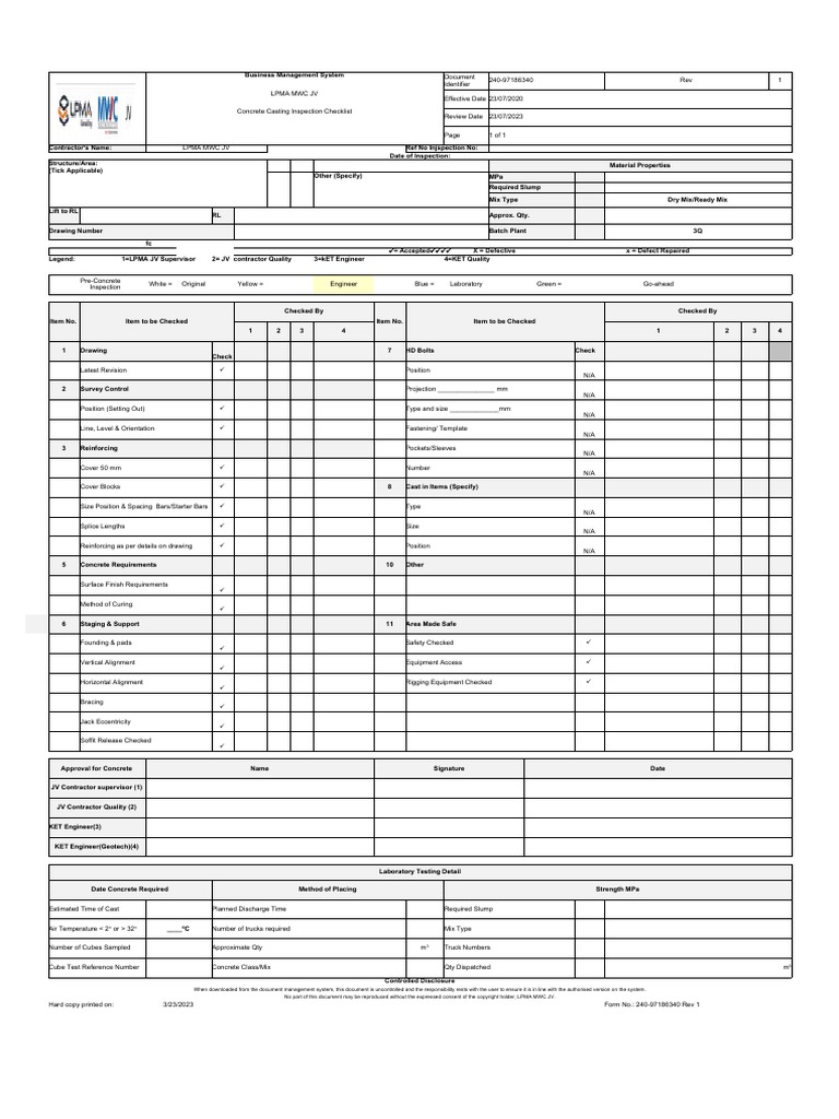 Concrete Casting Inspection Checklist 11 Rev 1 | PDF | Concrete | Materials