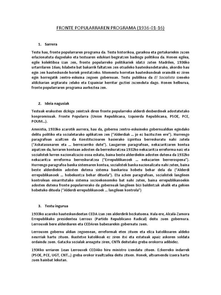 Fronte Popularraren Programa (1936-01-16) | PDF