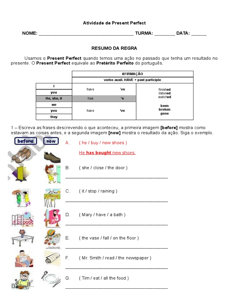 Atividade de Present Perfect para aprender a usar o tempo verbal | PDF