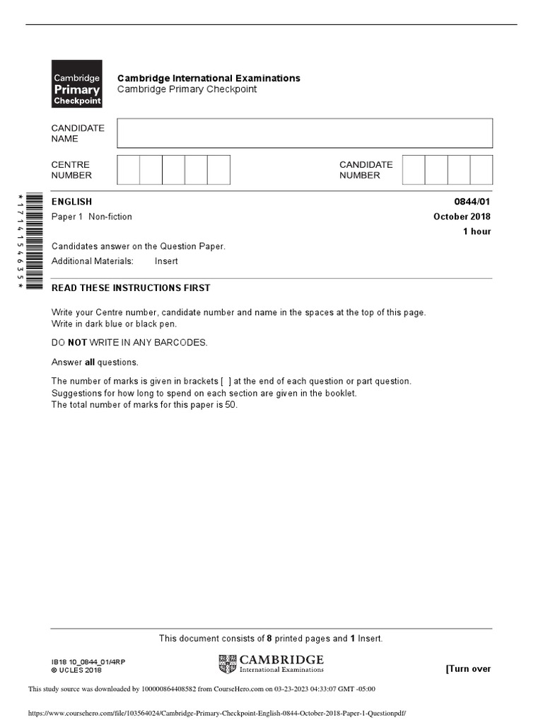 Cambridge Primary Checkpoint English 0844 October 2018 Paper 1 Question ...