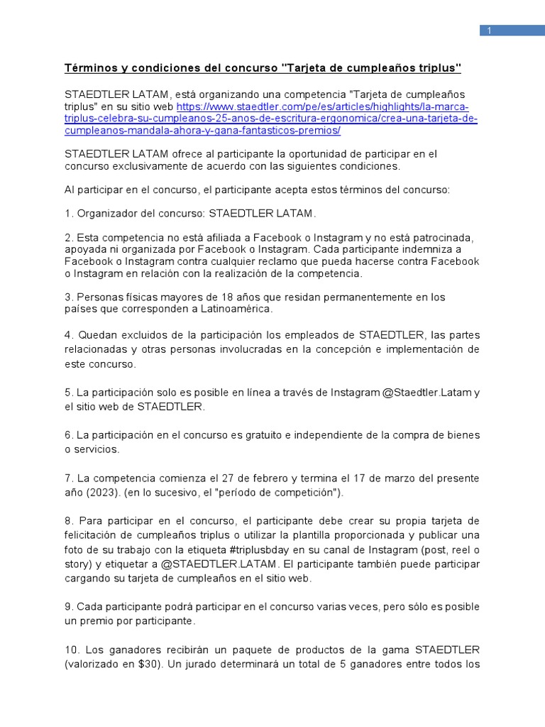 Terminos y Condiciones Del Concurso Tarjeta de Cumpleanos Triplus.1675061701 PDF | Descargar ...