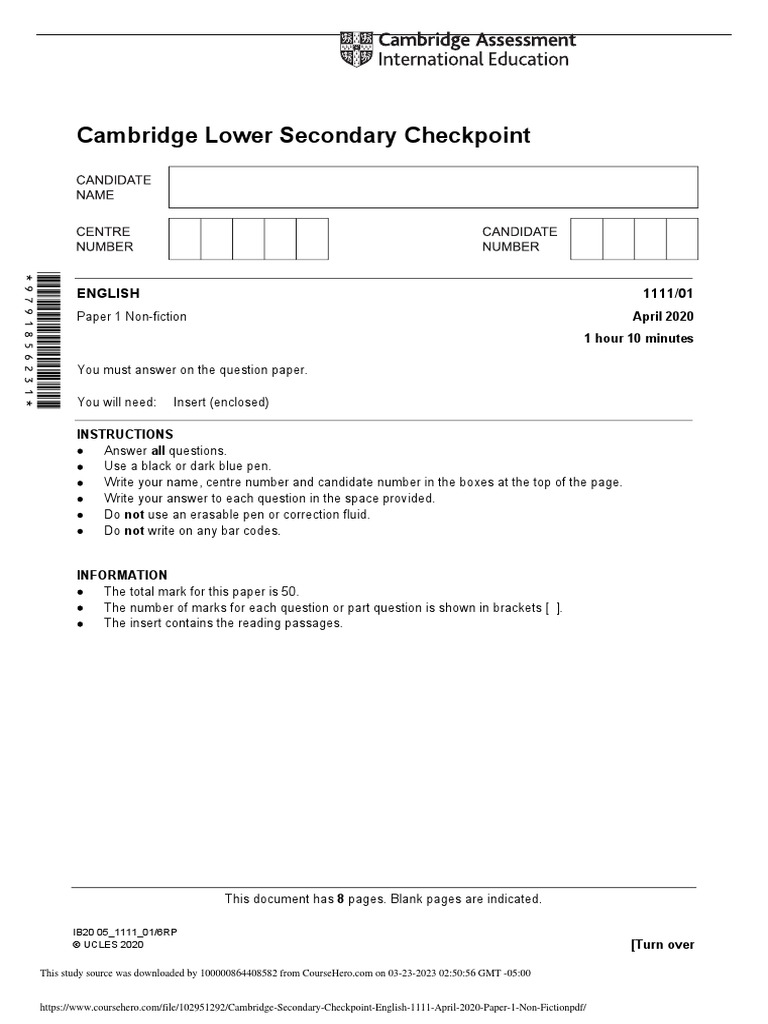 Cambridge Secondary Checkpoint English 1111 April 2020 Paper 1 Non ...