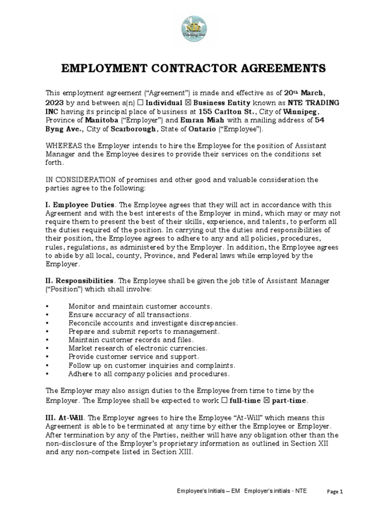 Assistant Manager Employment Contract | PDF | Employment | Trade Secret
