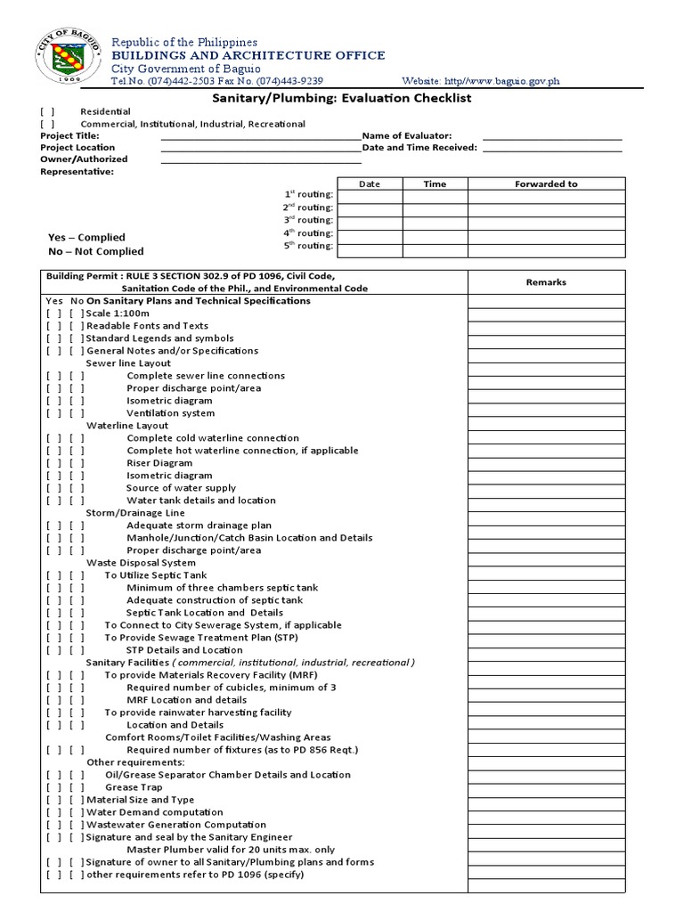 Sanitary/Plumbing Evaluation Checklist | PDF | Sanitation | Sewage ...