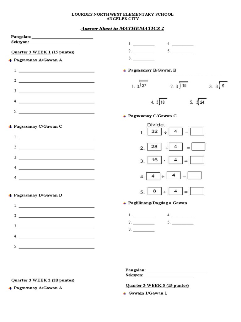 MATH2 3rd Quarter Answer Sheet | PDF