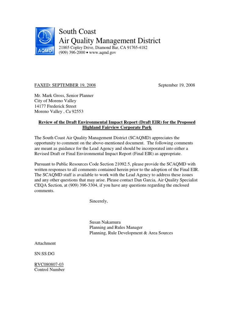 Review of The Draft EIR For The Proposed Highland Fairview Corporate ...