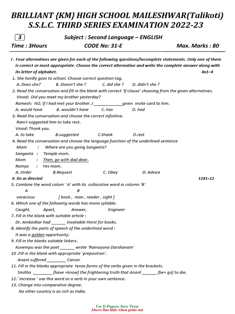 10th STD SL English Practice Paper3 2023 by Bhs Maileshwar PDF | PDF | Swami Vivekananda ...