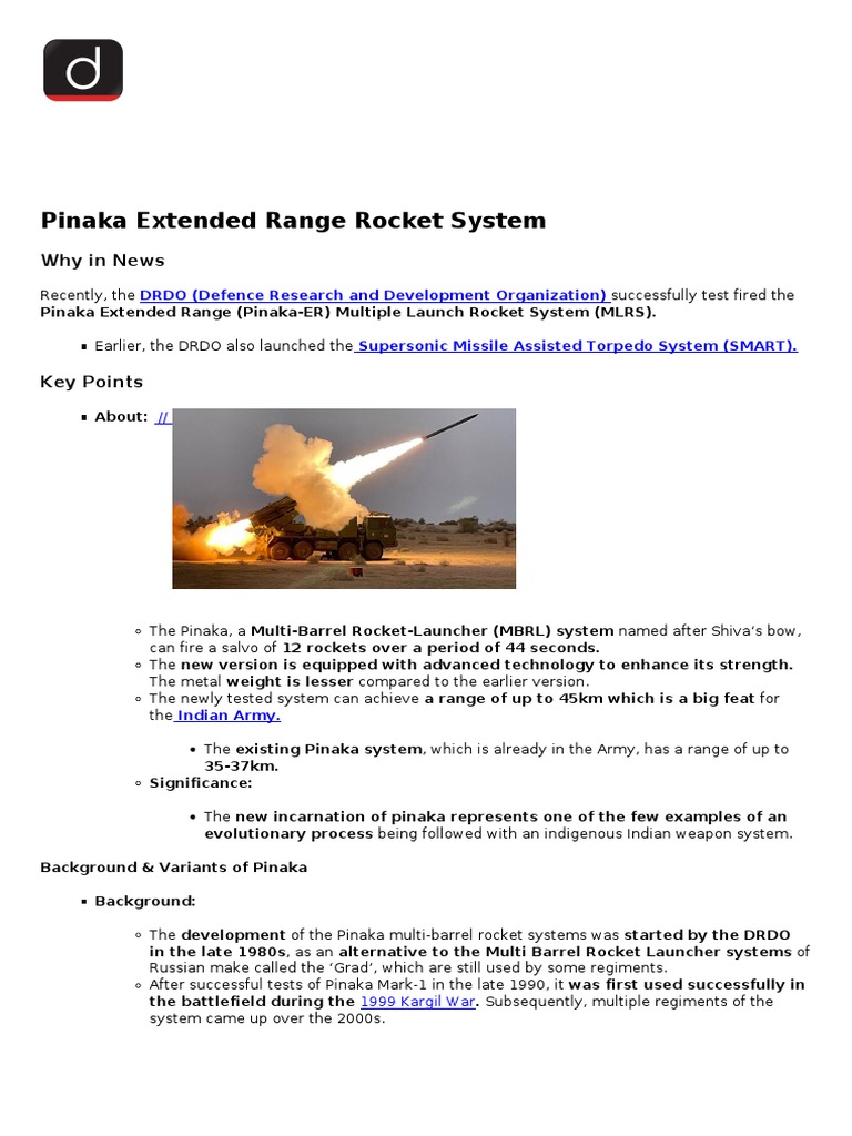 Pinaka Extended Range Rocket System: Why in News | PDF | Rocketry ...