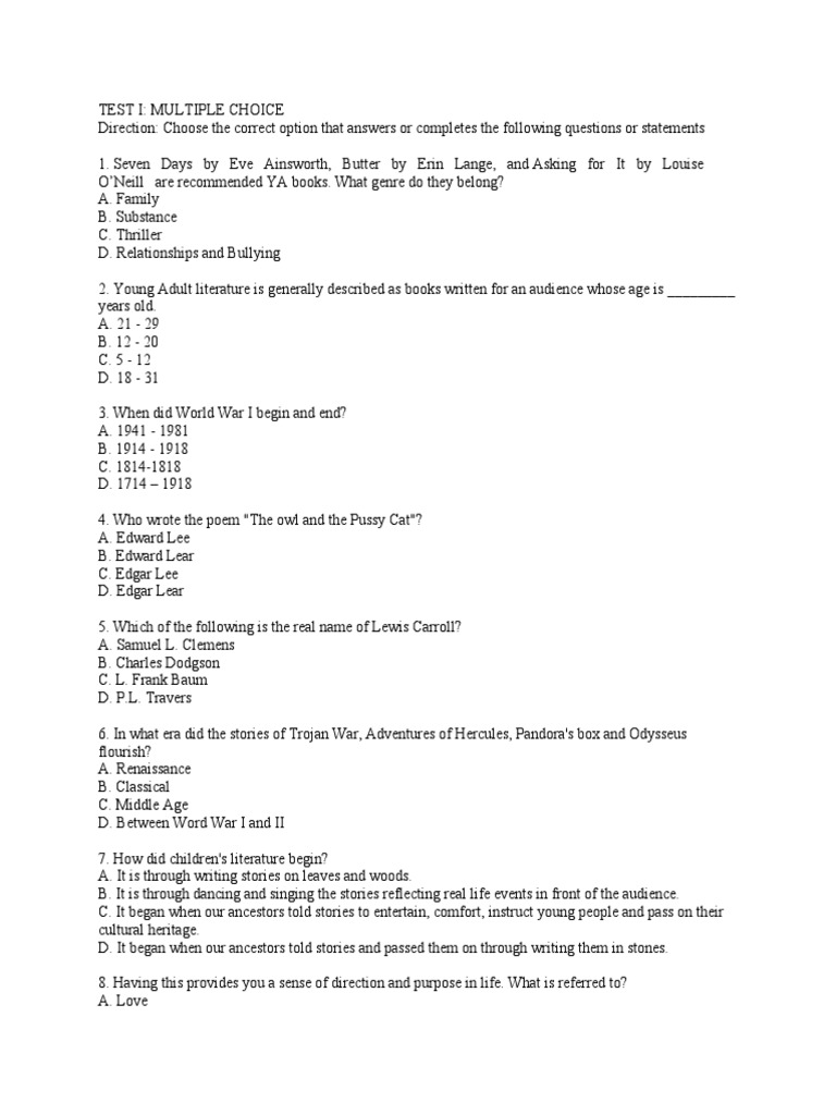 Test I Chilren Literature | PDF | Books | Children's Literature