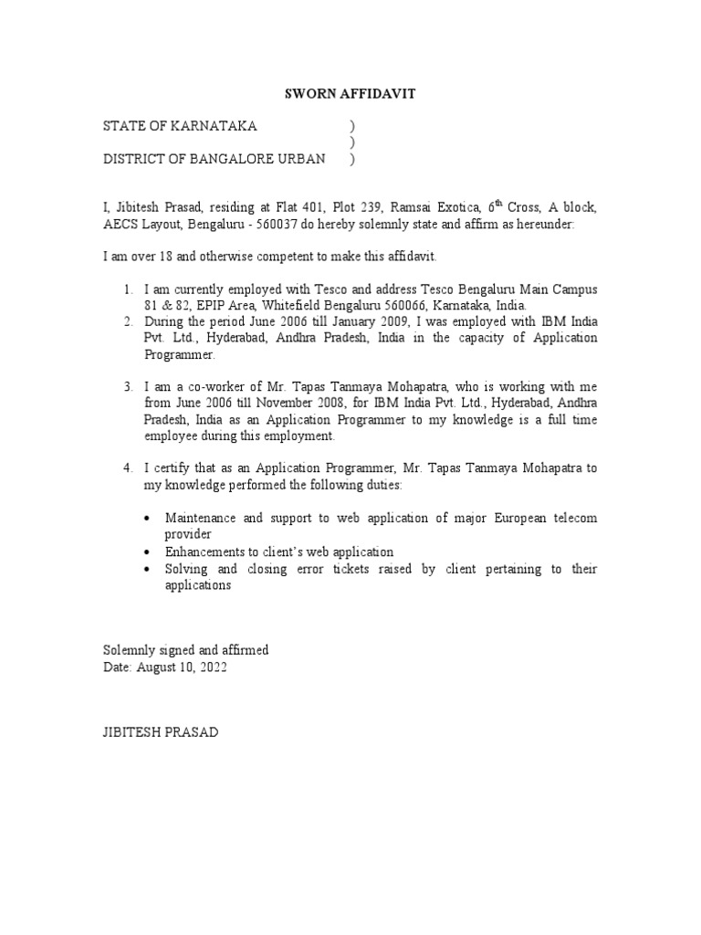 Affidavit - Co-Worker - Verify Work Experience - IBM | PDF