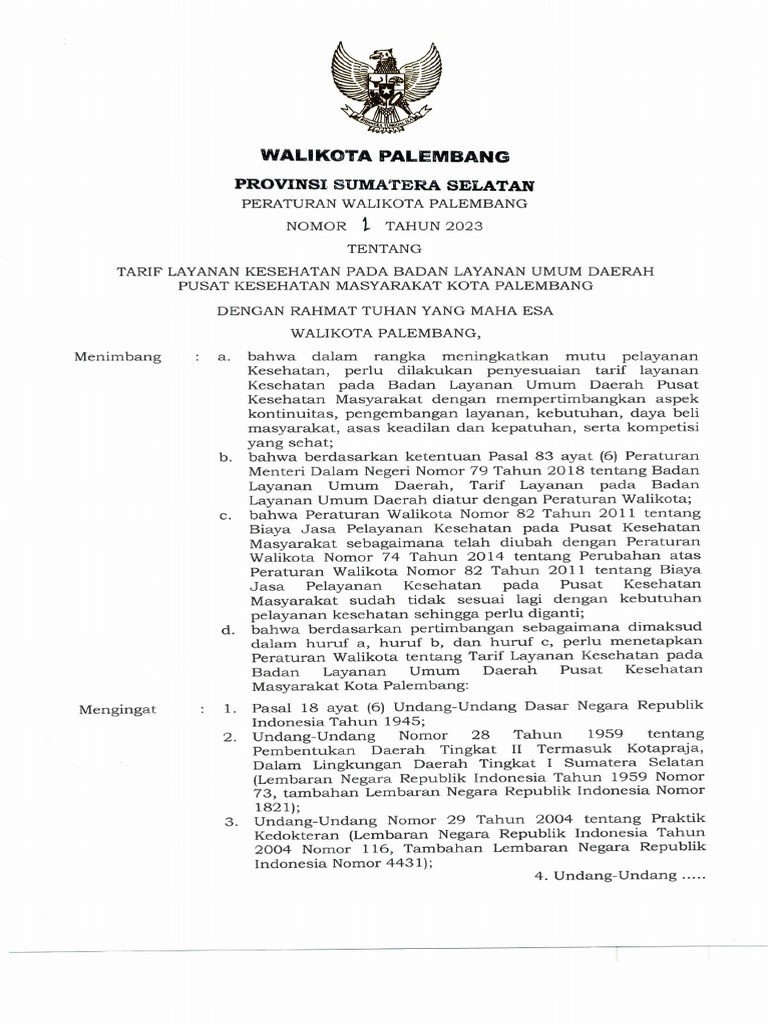 Perwali No 1 Tahun 2023 Tentang Tarif Layanan BLUD Puskesmas Kota Palembang | PDF
