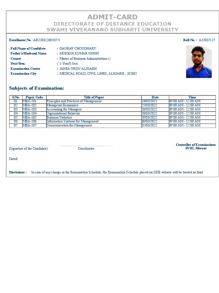 SVSU MBA Admit Card for Gaurav Choudhary | PDF | Economies | Business