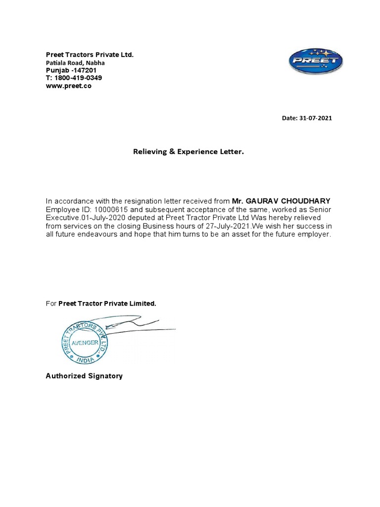 Preet Tractors Private Ltd Reliving Letter | PDF