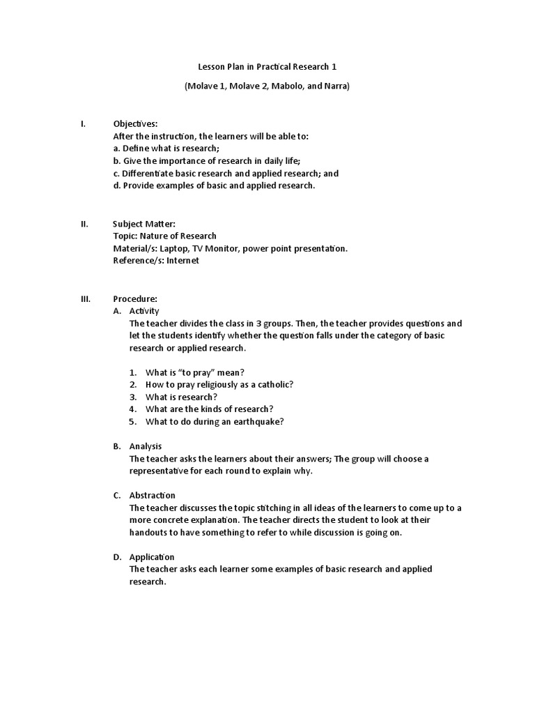 Lesson Plan in Practical Research 1 | PDF