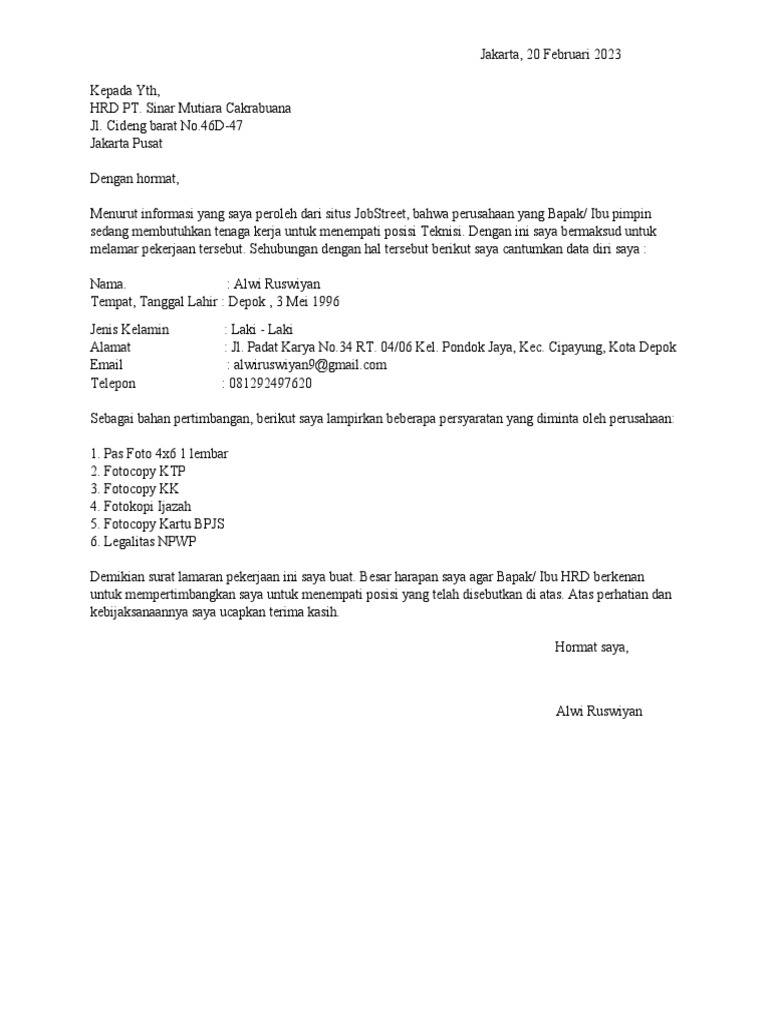 Contoh Surat Lamaran Kerja Bagian Admin | PDF Contoh Surat Lamaran Kerja Bagian Admin | PDF