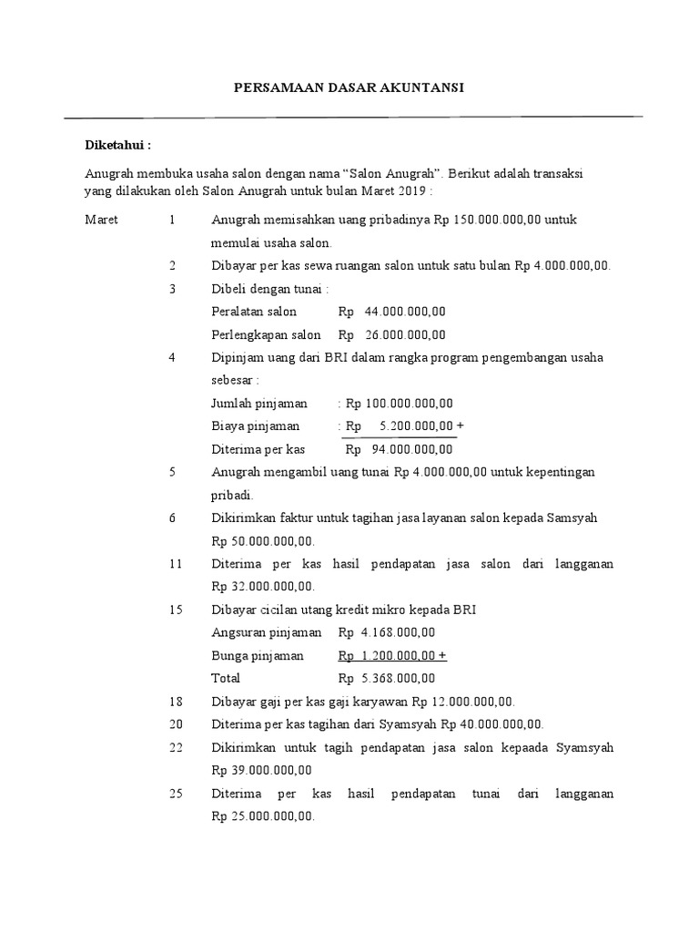 Soal Transaksi Persamaan Dasar Akuntansi Kel 1 | PDF | Pengelolaan Keuangan & Uang