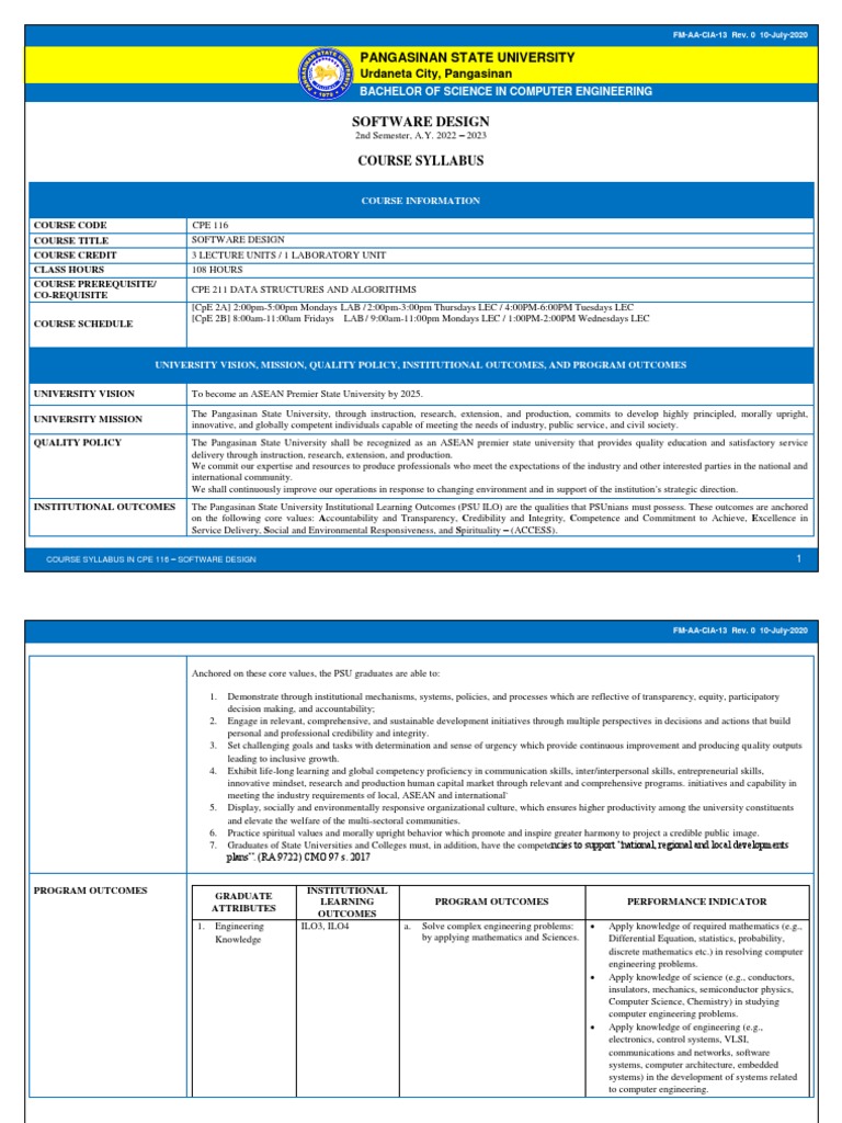 CPE 116 Software Design - Course Syllabus | PDF | Engineering ...