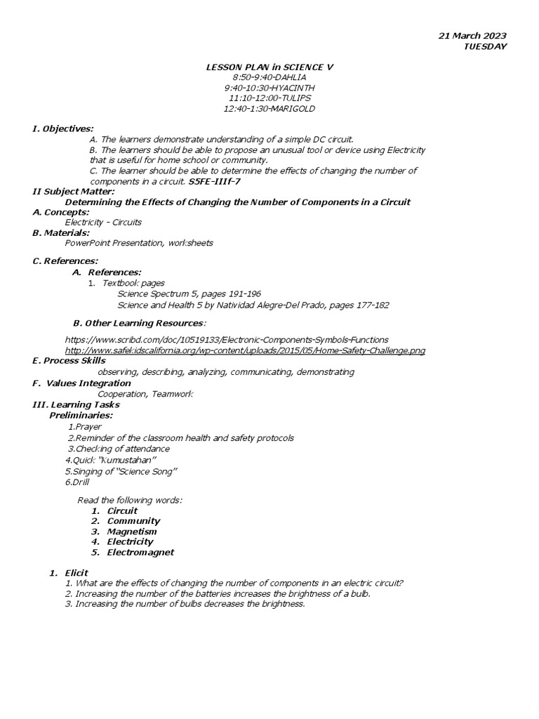 SCIENCE 5-DLP-March 21, 2023 | PDF | Switch | Electricity