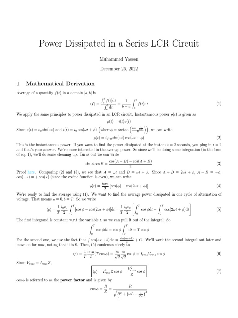 Calculating Average Power Dissipation in a Series LCR Circuit | PDF ...