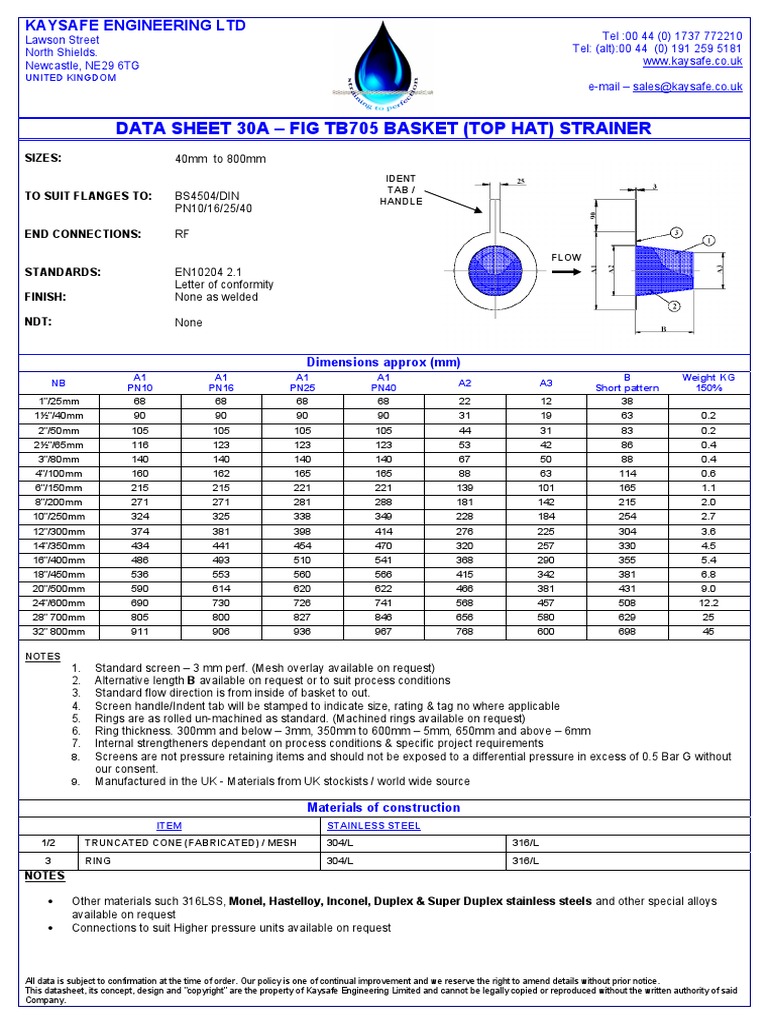 Data Sheet 30a - Fig TB705 Basket (Top Hat) Strainer PDF | PDF ...
