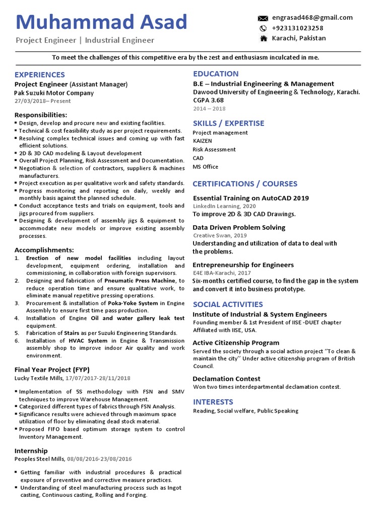 Resume-M. Asad | PDF | Industrial Engineering | Engineering