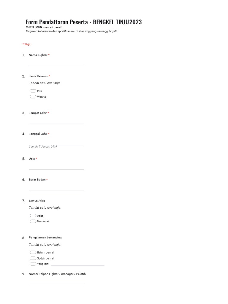 Form Pendaftaran Peserta - Bengkel Tinju | PDF