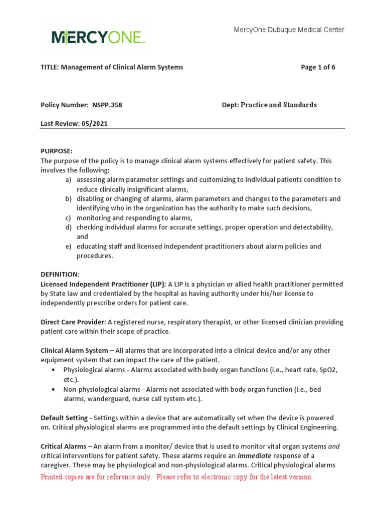 Dubuque Management of Clinical Alarms Systems | PDF | Patient Safety ...