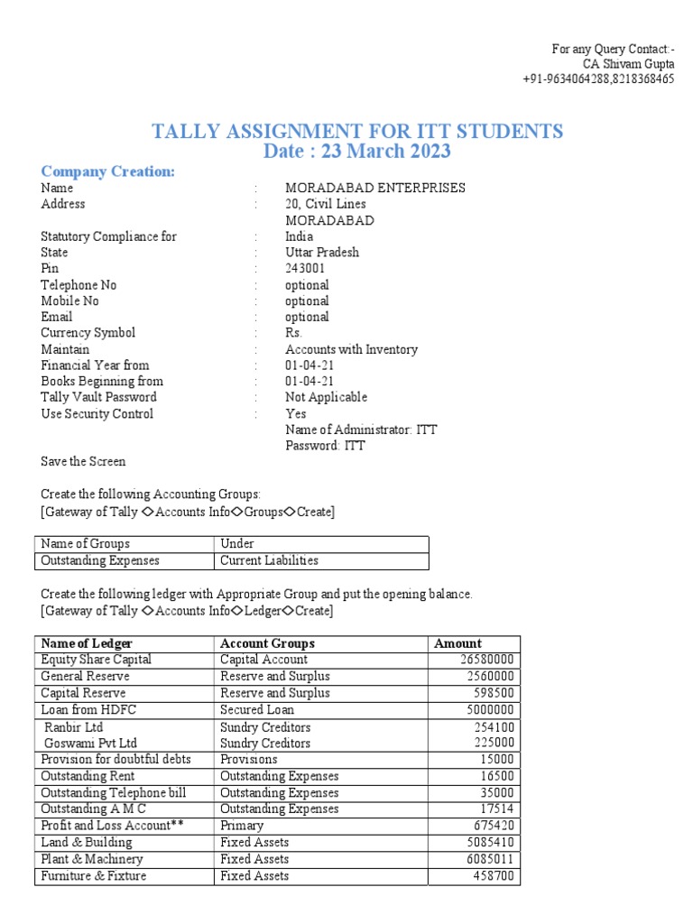 Tally Assignment for ITT Students: Company Creation and Account Setup ...