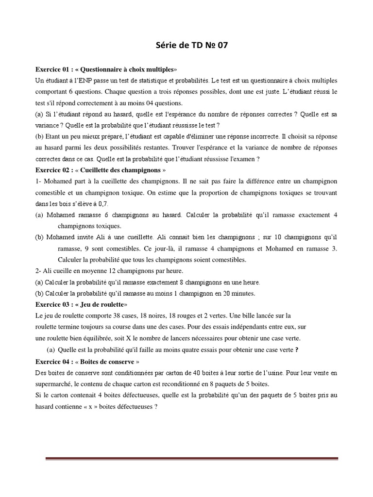 Série de TD 07: Exercice 01: Questionnaire À Choix Multiples | PDF | Espérance mathématique ...