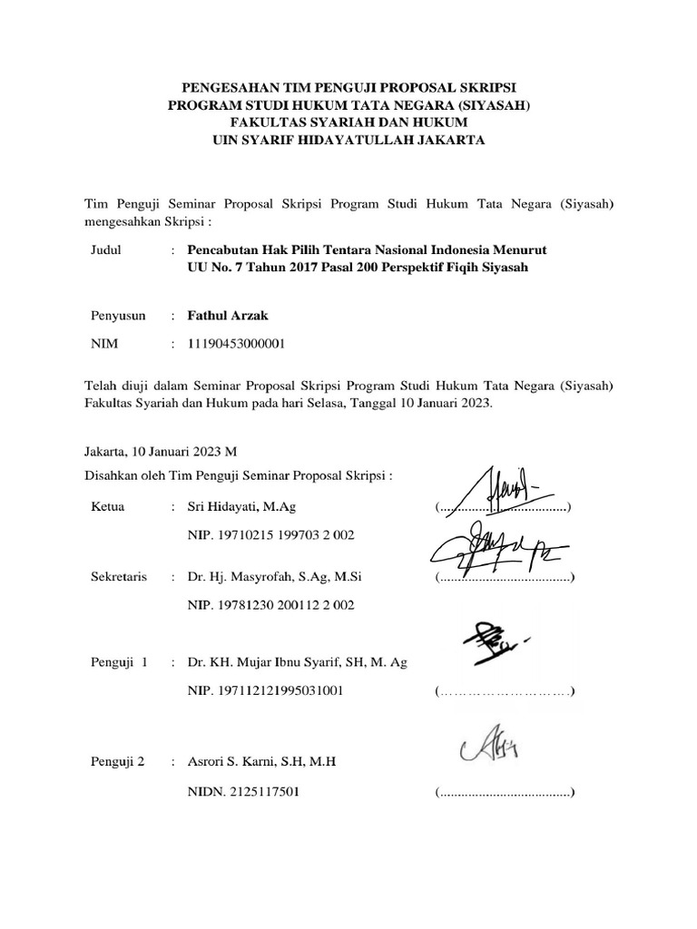Lembar Pengesahan Tim Penguji Proposal Skripsi Fathul Arzak | PDF