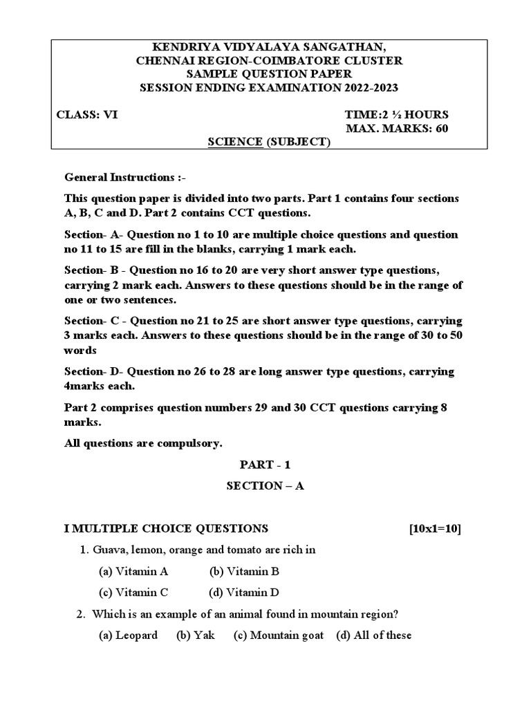 Class VI Science Exam Paper | PDF | Shadow | Atmosphere Of Earth