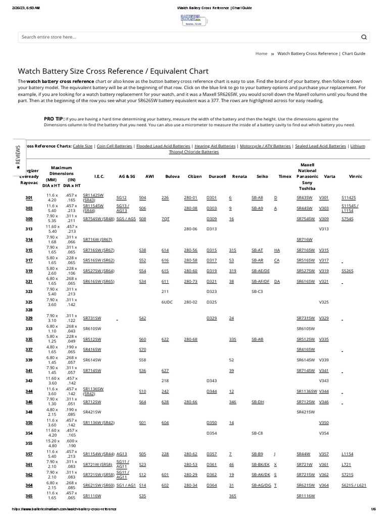 Watch Battery Cross Reference - Chart Guide | PDF | Battery (Electricity) | Galvanic Cells