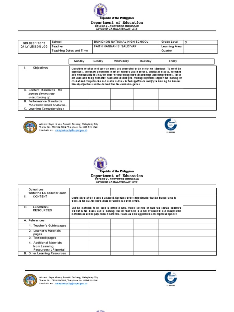 Daily Lesson Log and Reflection for Grade 9 Students at Bukidnon ...