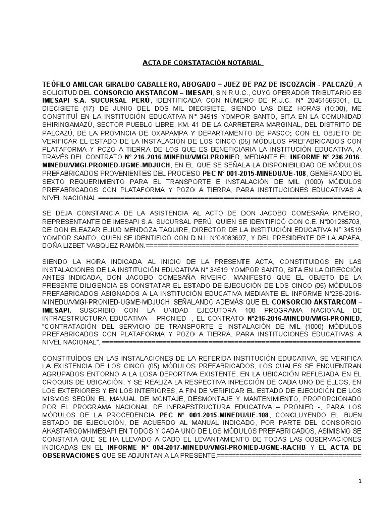 Acta de Constatación Notarial - Yompor Santo - Modelo | PDF