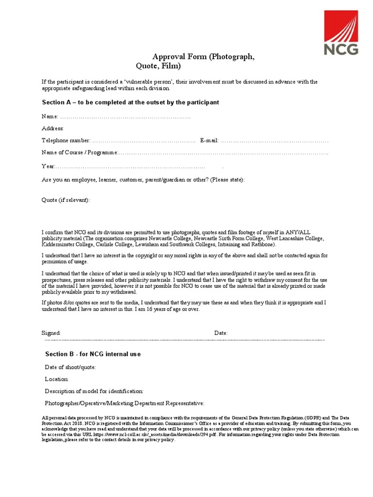 NCG Consent Form and Approval Form Template | PDF | Privacy Policy ...