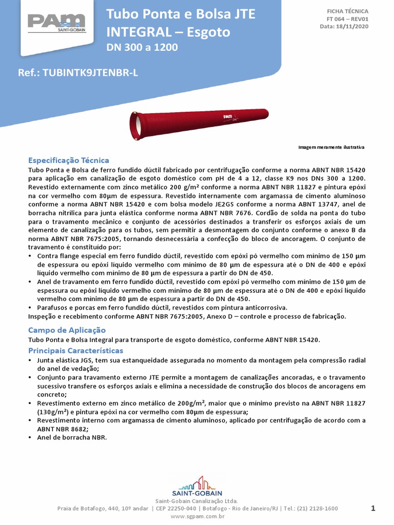 Ficha Técnica - Tubo Ponta e Bolsa K9 JTE DN 300-1200 - Esgoto ...