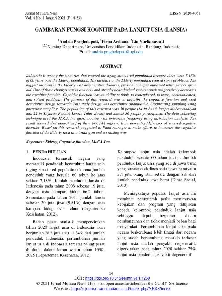 Gambaran Fungsi Kognitif Pada Lanjut Usia Lansia | PDF