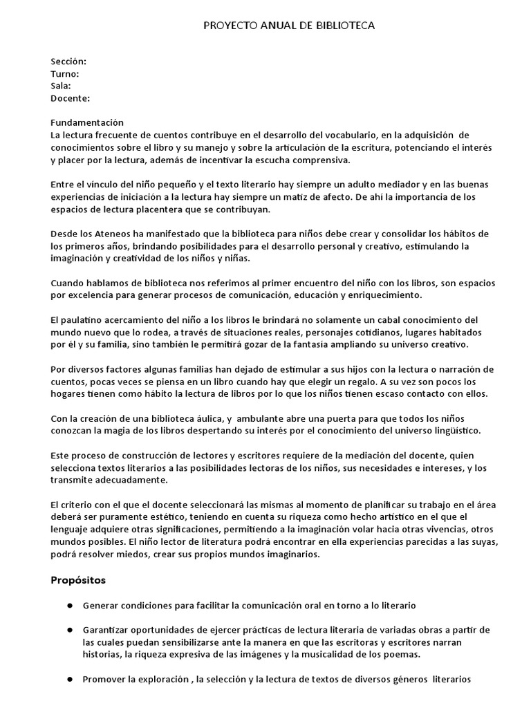 Proyecto Anual de Biblioteca | PDF