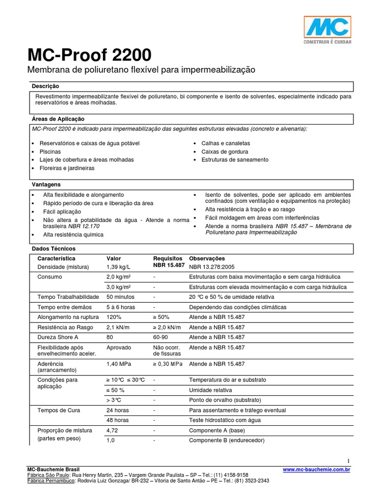 Membrana impermeabilizante MC-Proof 2200 | PDF | Poliuretano | Mistura