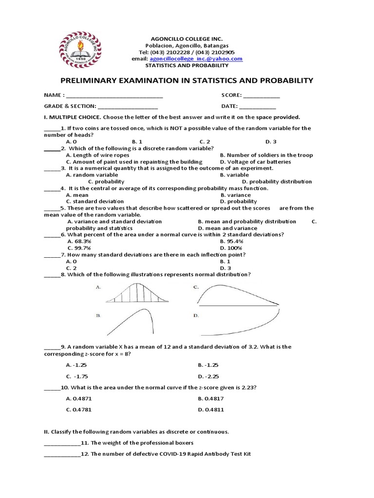 PRELIMINARY EXAMINATION IN STATISTICS & PROBABILITY | PDF | Normal ...